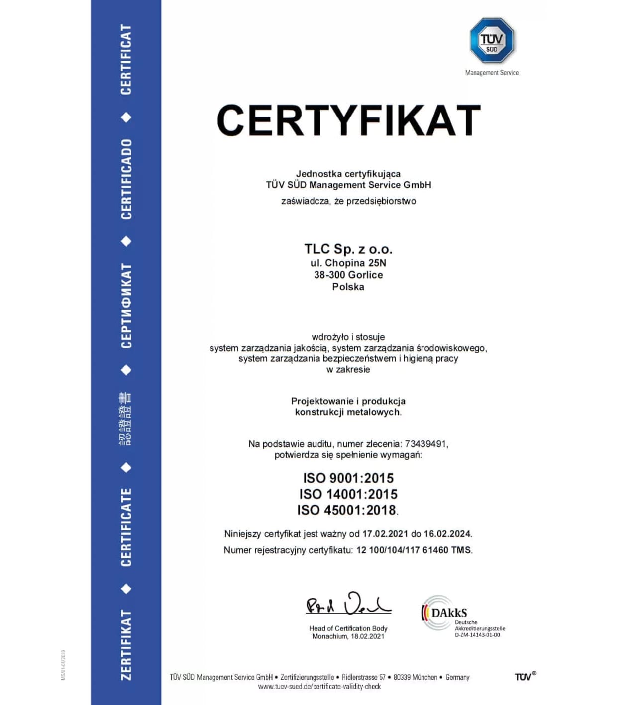 Certification - TLC EU Steel Equipment | Design & Production